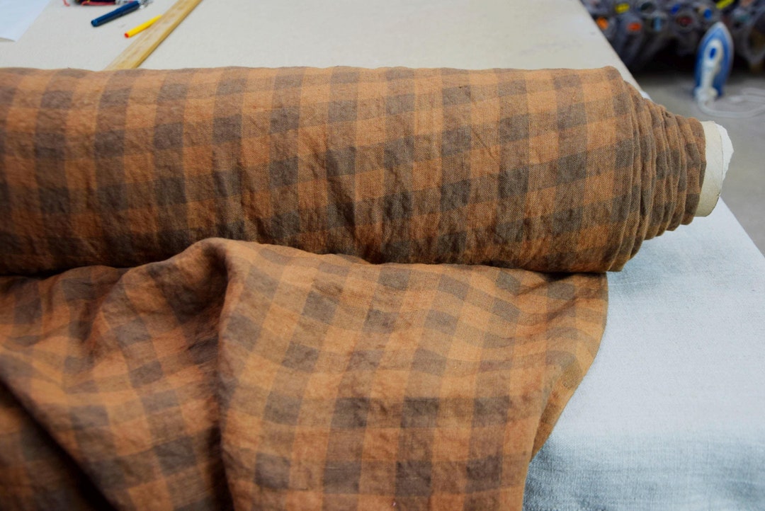 Pure 100% Linen Fabric Stella Brown Gingham 190gr/m2 (5.7oz/yd2). Soft ...