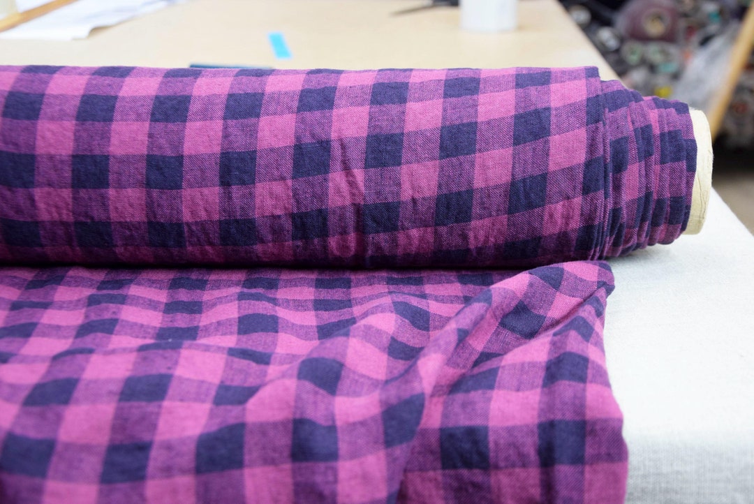 100% Linen Fabric "stella Blue/fuchsia Gingham" 190gr/m2 (5.8oz/yd2 ...