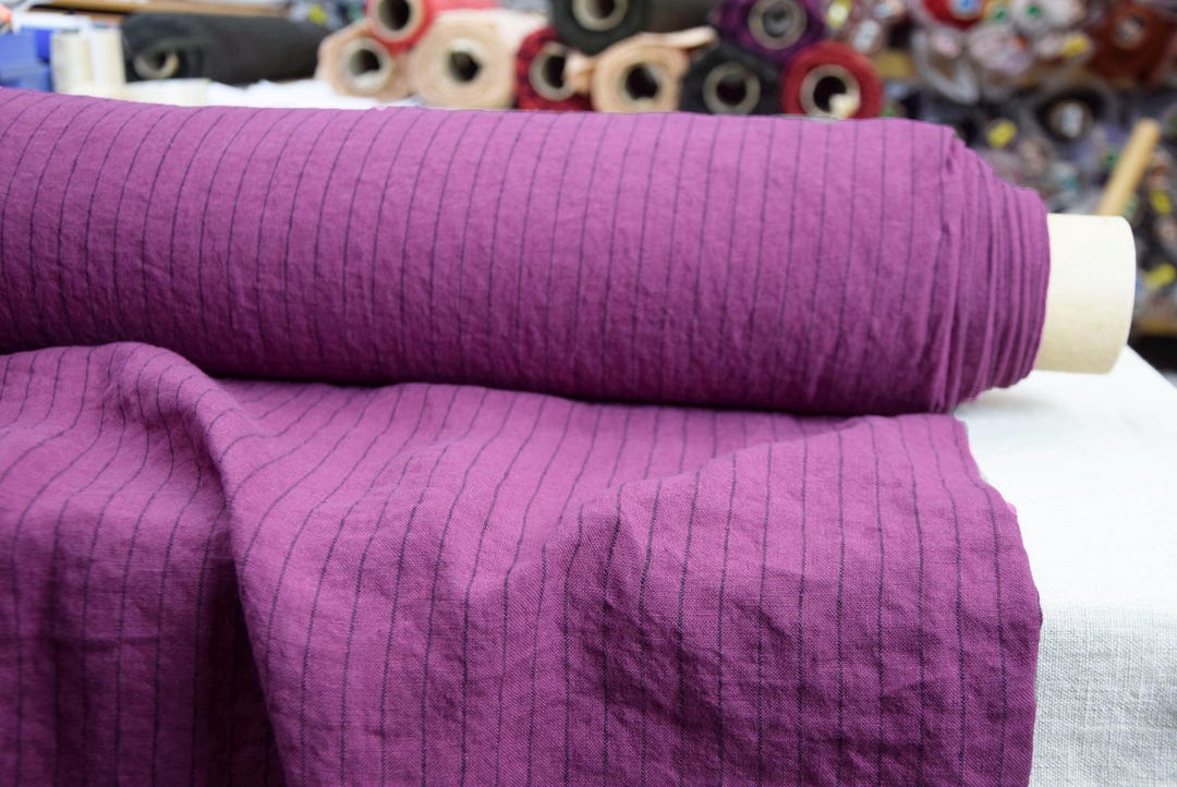 Pure Linen Fabric "gloria Red-purple & Black Pinstripe" 200gsm (6oz ...