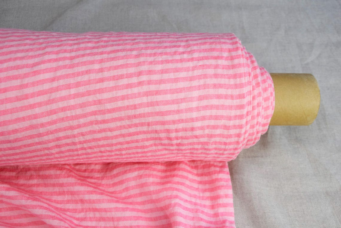 100% Linen Fabric "aurora" Pink Stripe, 160gsm (5oz/yd2), Washed, Pre ...