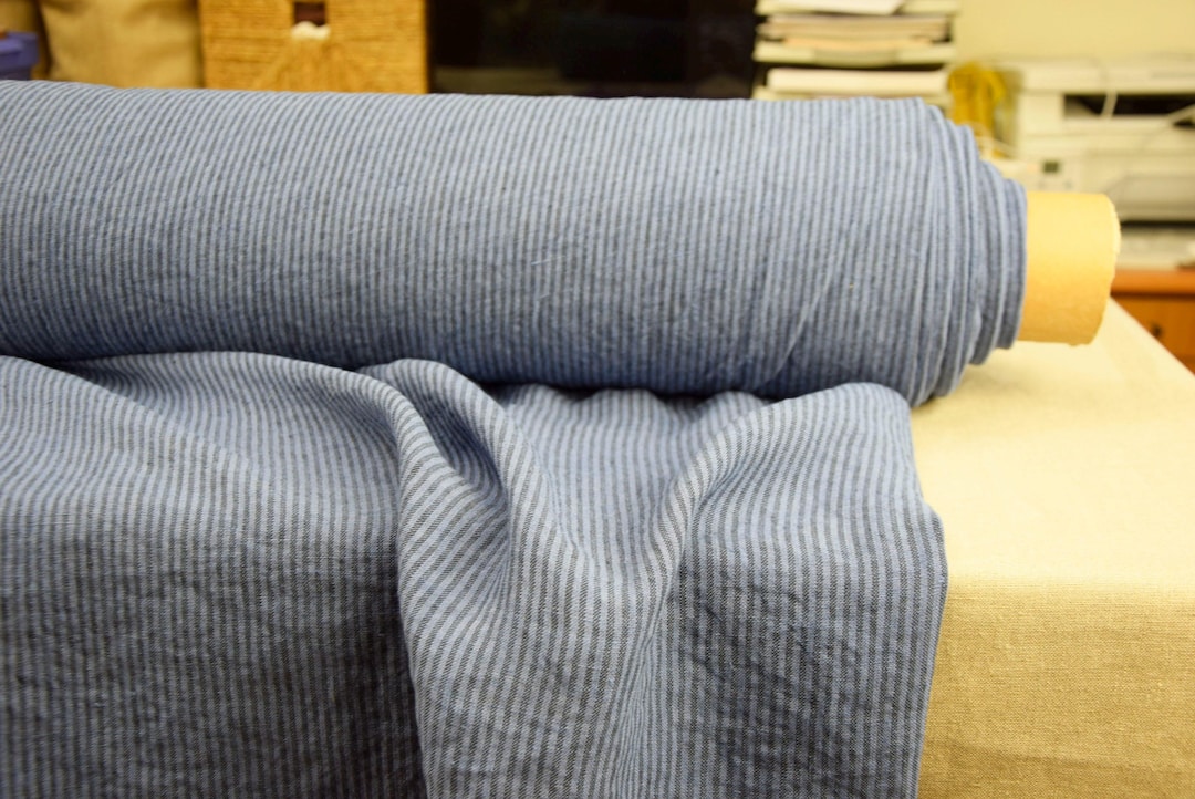 Pure Linen Fabric Elba Muted Periwinkle Blue Candy Stripe 200gsm (6oz ...