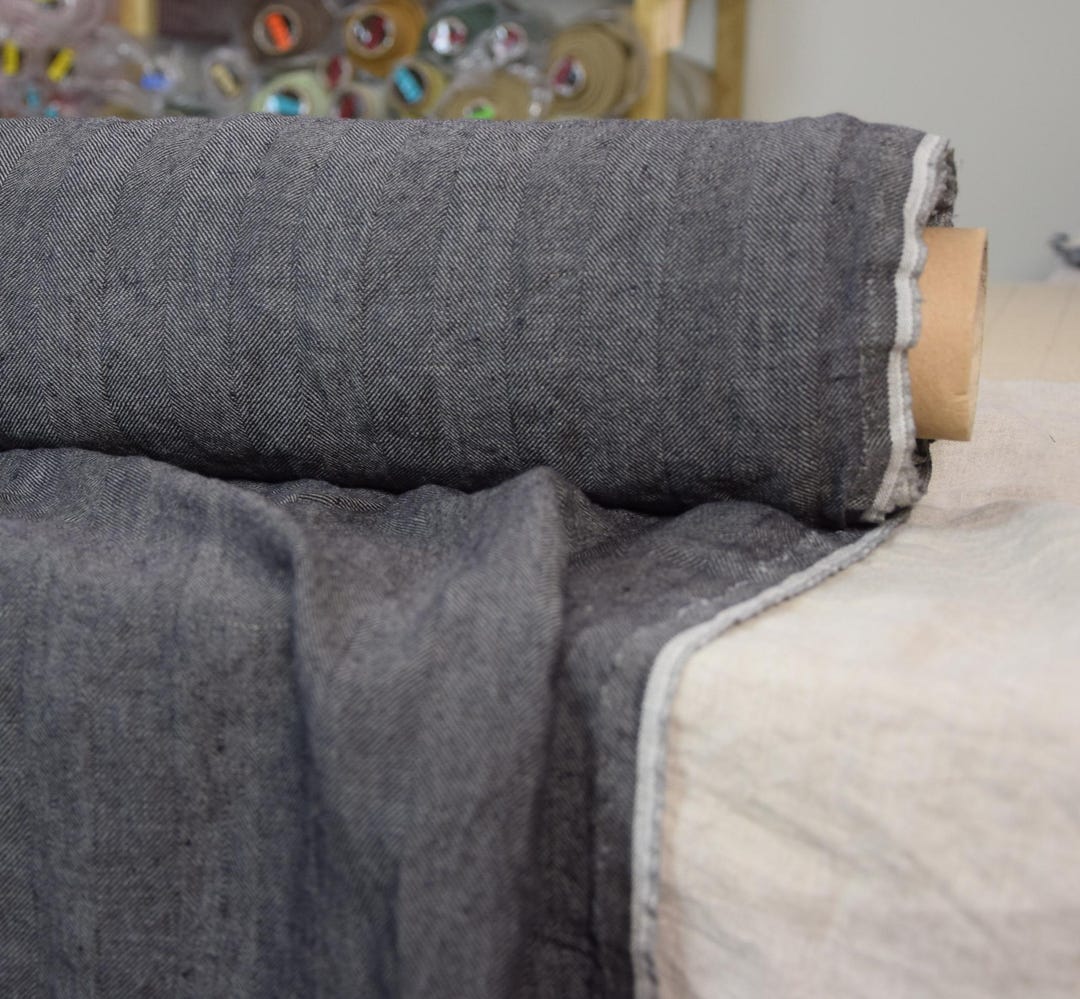 Premium 100% Linen Fabric - Optima Gray Soil Herringbone, 240gsm ...