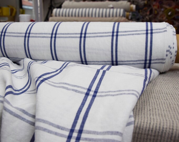 IN STOCK. Linen/cotton Fabric Mabela White Blue Windowpane Checks ...