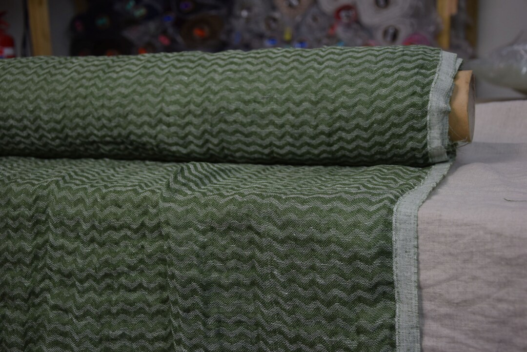 Pure 100% Linen Fabric Delta Moss Green Chevron 140gsm (4.15oz/yd2 ...