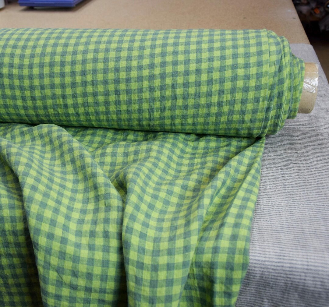 Linen Gingham Fabric "aurora Chartreuse Yellow-green/blue", 100% Pure ...