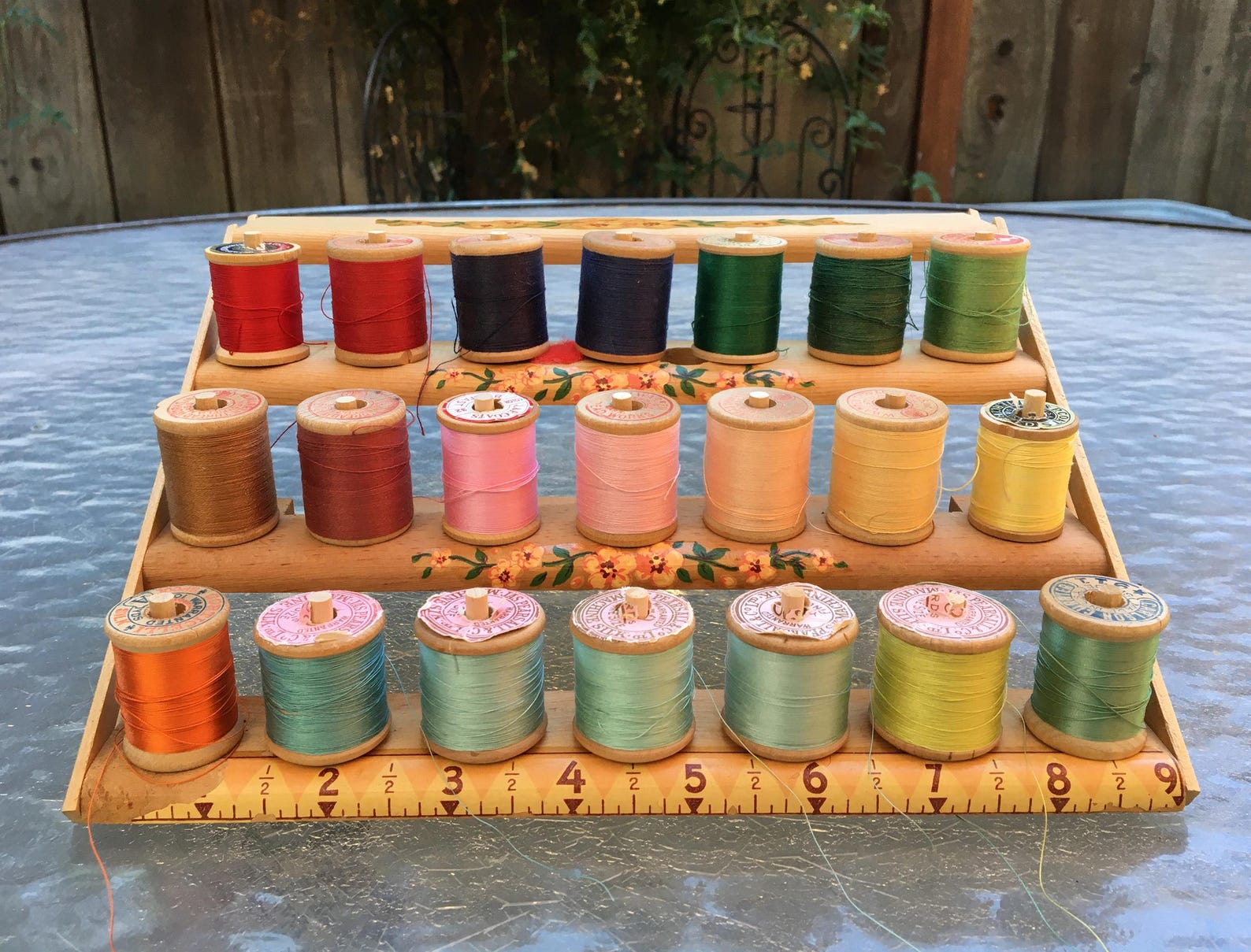 Vintage Spool Rack With Adorable Decorated Wood Design, Spools of ...