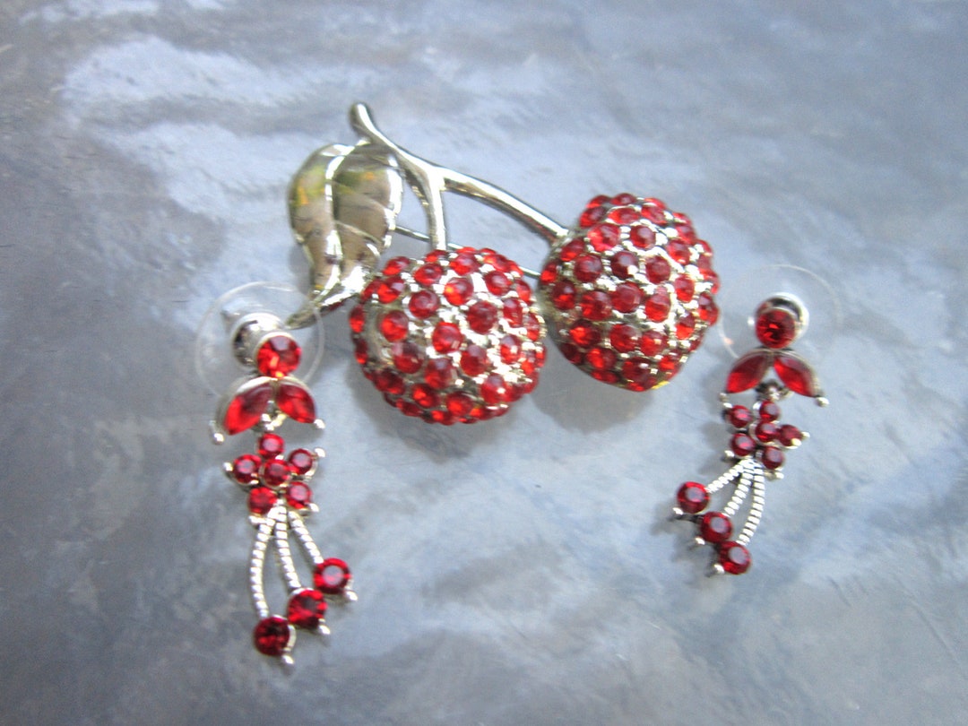 Vintage Red Rhinestone Cherry Jewelry Set, Brooch and Post Earrings - Etsy