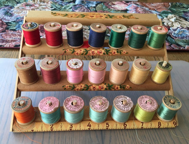 Vintage Spool Rack With Adorable Decorated Wood Design, Spools of ...