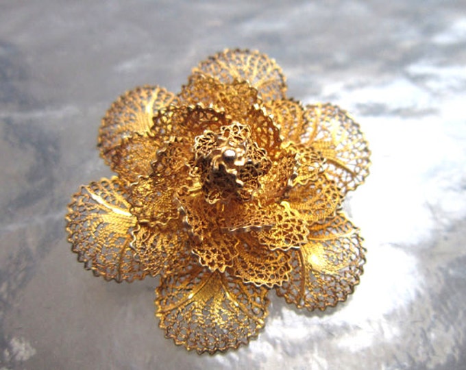 Vintage Topazio Gold Over Sterling Vermeil Filigree Flower Brooch Pin ...