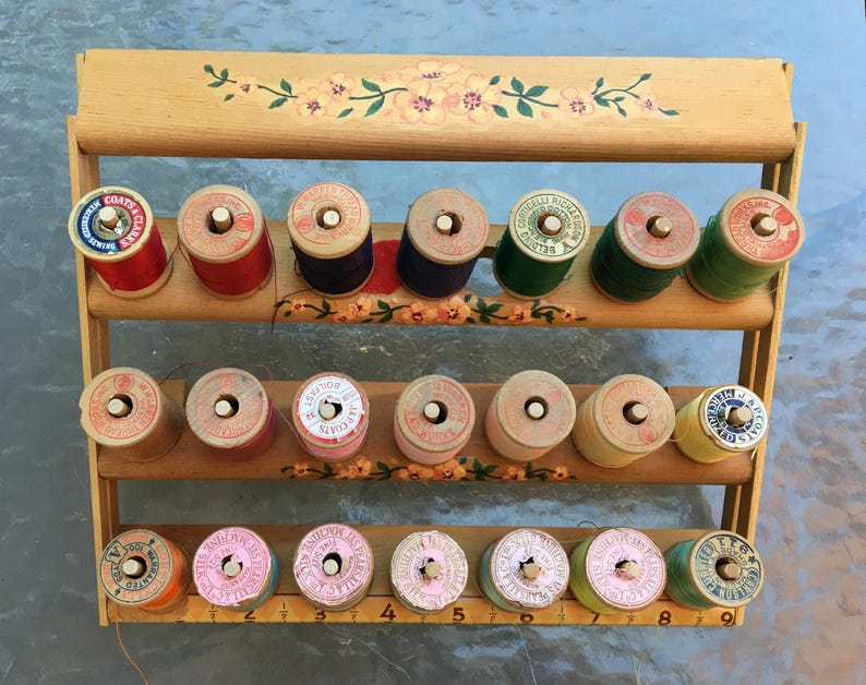 Vintage Spool Rack With Adorable Decorated Wood Design, Spools of ...