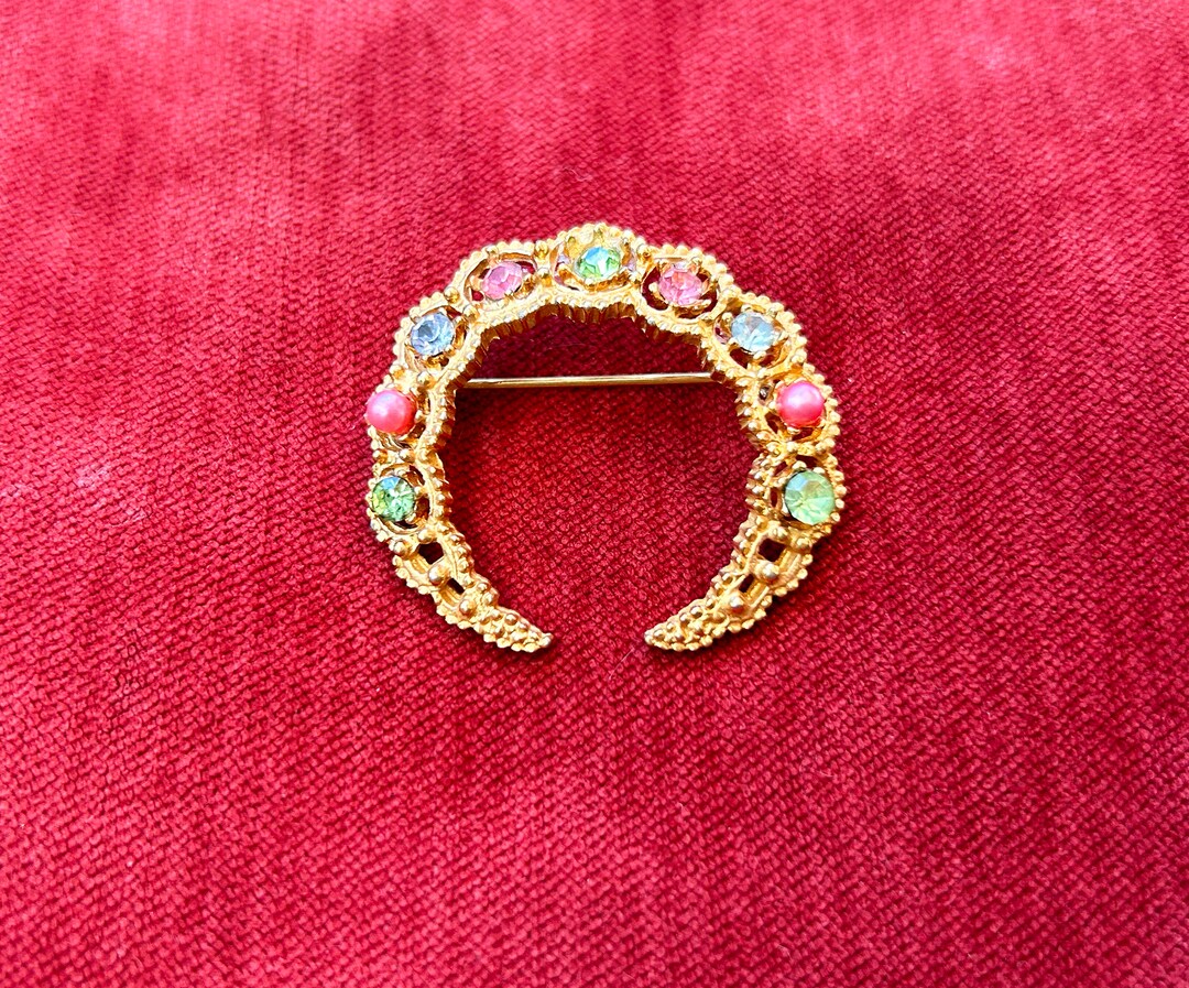 Vintage Crescent Half Moon Brooch With Faux Pearls and Rhinestones - Etsy
