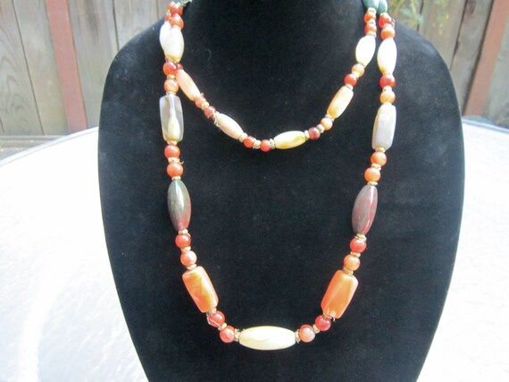 Extra long vintage hand cut natural stone bead neckla… - Gem
