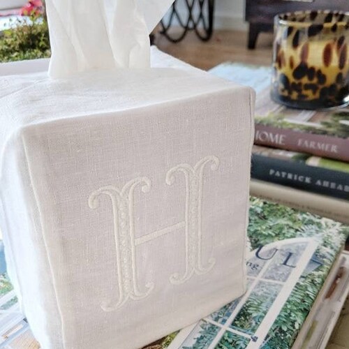 Linen Tissue Box Cover With Monogram | Etsy