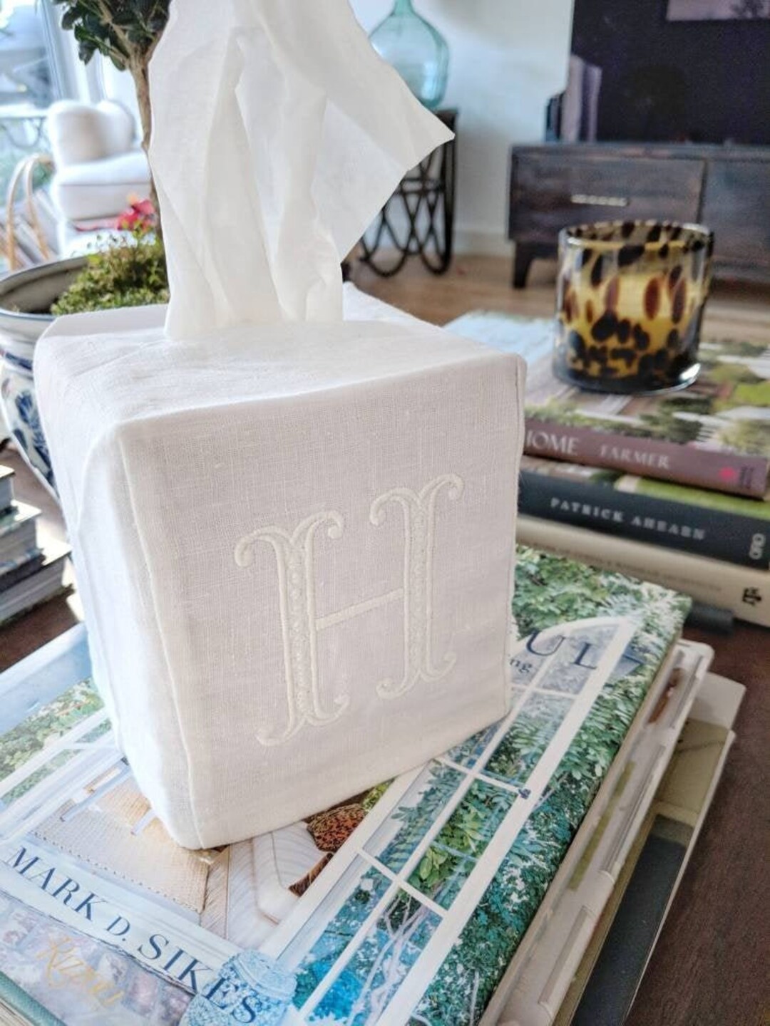 Linen Tissue Box Cover With Monogram - Etsy