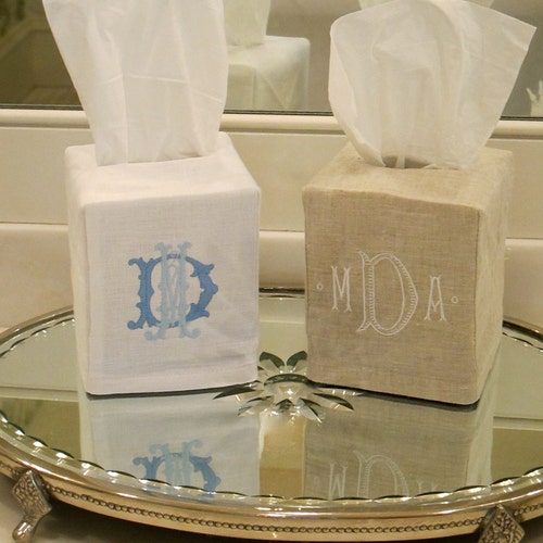 Custom Monogrammed Linen Tissue Box Cover Embroidered Antique - Etsy