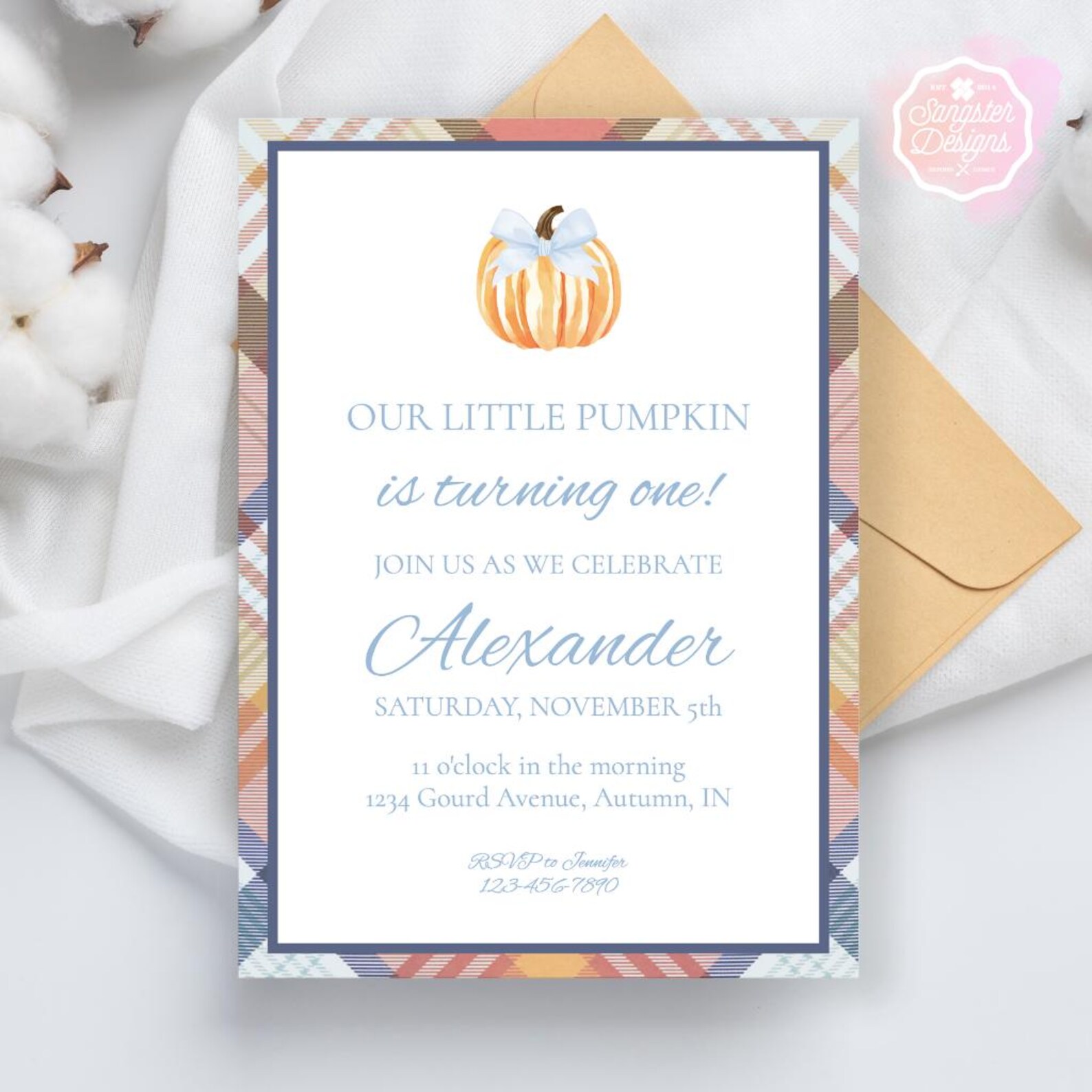 Orange Plaid Pumpkin Party Invitation Template - Fall Autumn Theme Kids ...