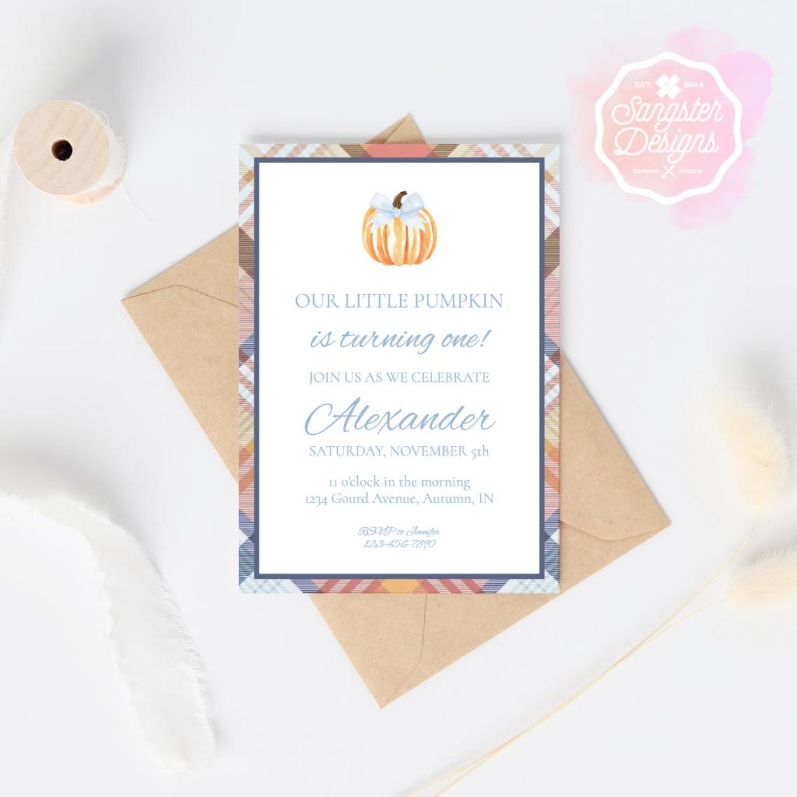 Orange Plaid Pumpkin Party Invitation Template Fall Autumn Theme Kids ...