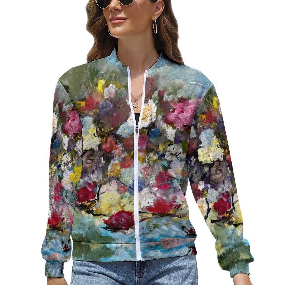 Floral Bomber Jacket Red Flowers Women's Long Sleeve Zipper Jacket ...