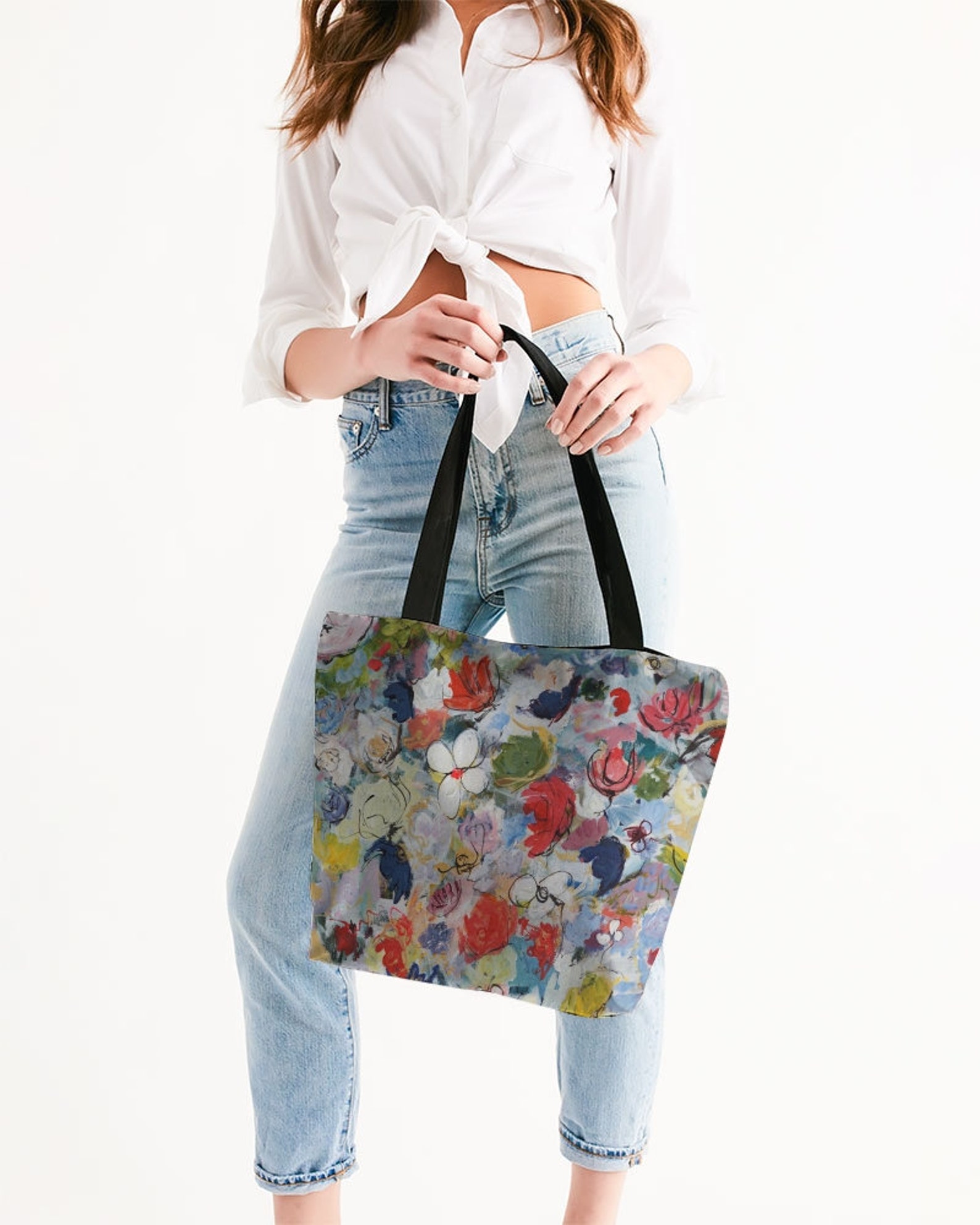 Flower Tote Zip Bag Art Deco Floral Bag Canvas Zip Tote Flower Handbag ...