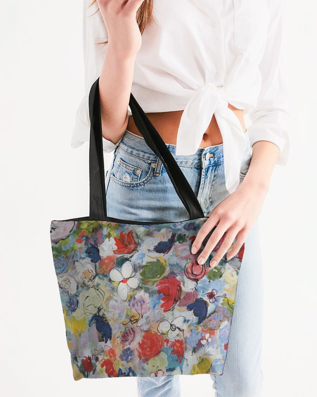 Flower Tote Zip Bag Art Deco Floral Bag Canvas Zip Tote Flower Handbag ...