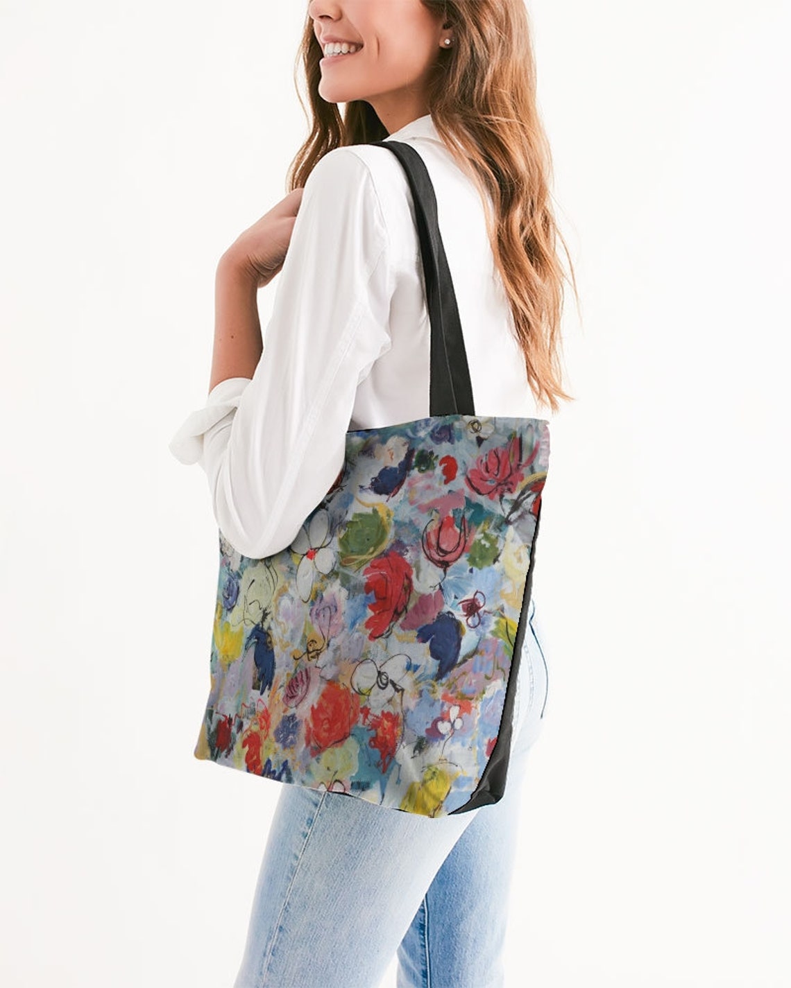 Flower Tote Zip Bag Art Deco Floral Bag Canvas Zip Tote Flower Handbag ...