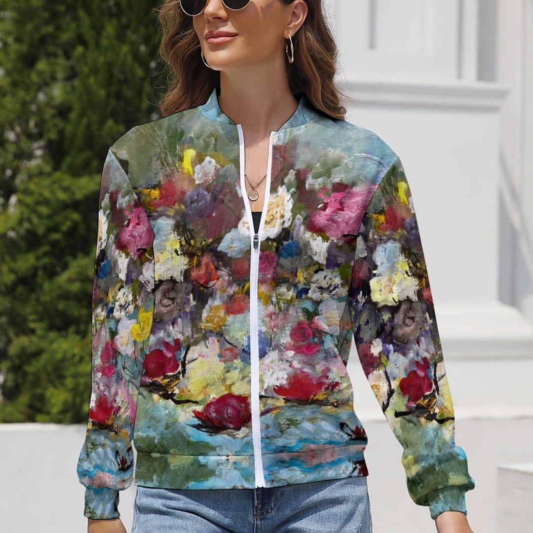 Floral Bomber Jacket Red Flowers Women's Long Sleeve Zipper Jacket ...
