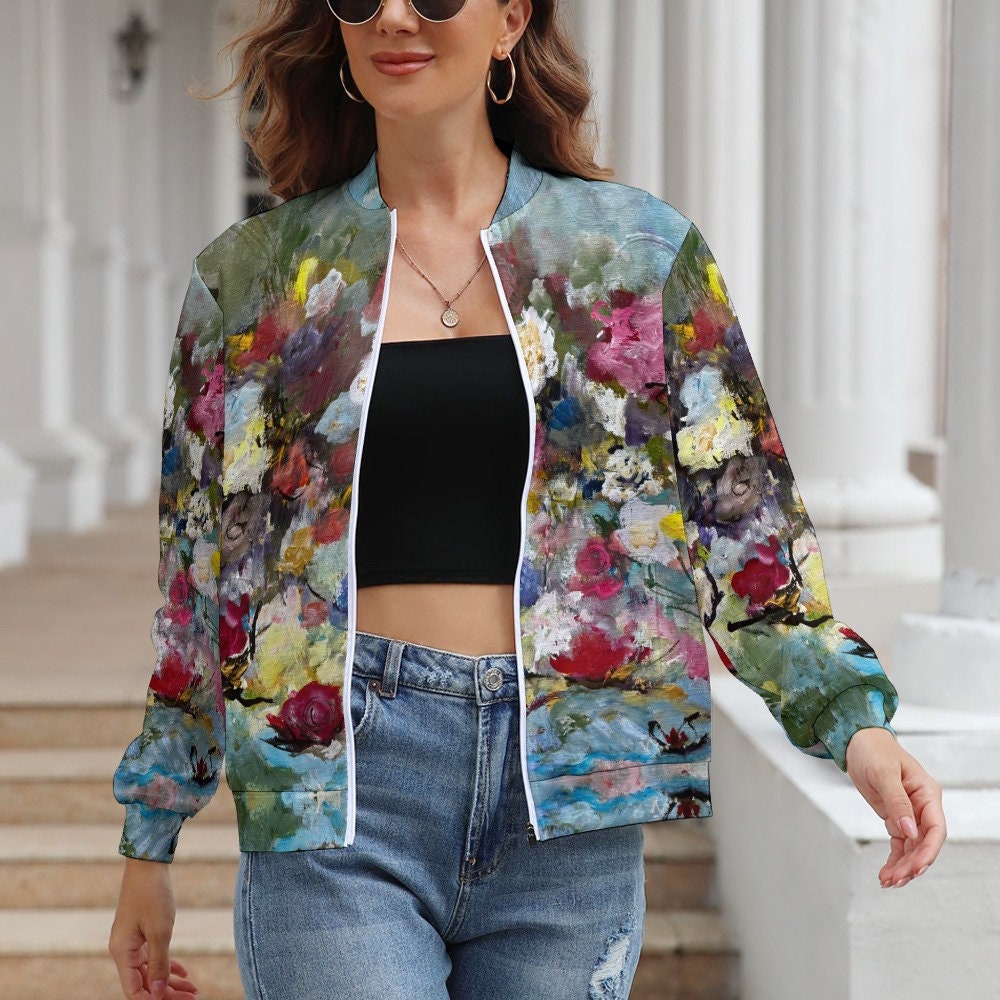 Floral Bomber Jacket Red Flowers Women's Long Sleeve Zipper Jacket ...
