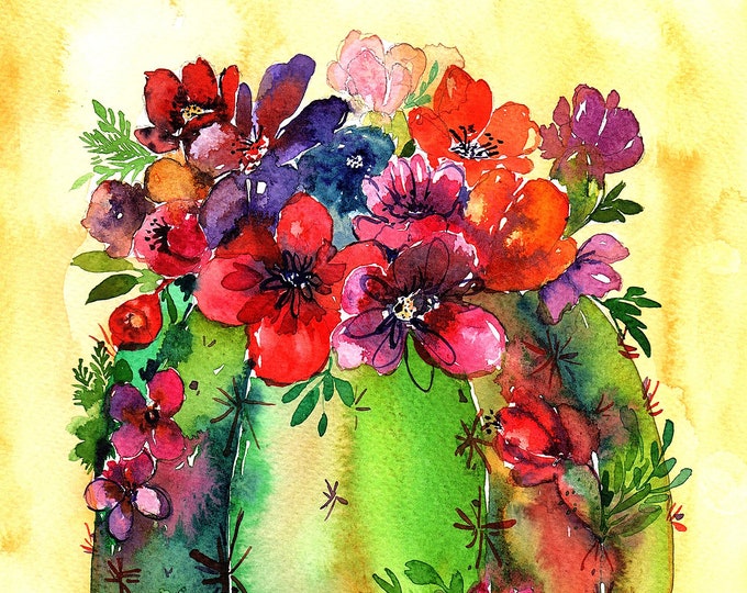 Barrel Honey Pot Cactus Desert Floral Spring Watercolor Art | Etsy