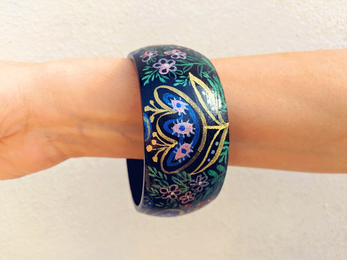 Blue Gold Pink Flower Handpainted Metallic Bangle - Etsy