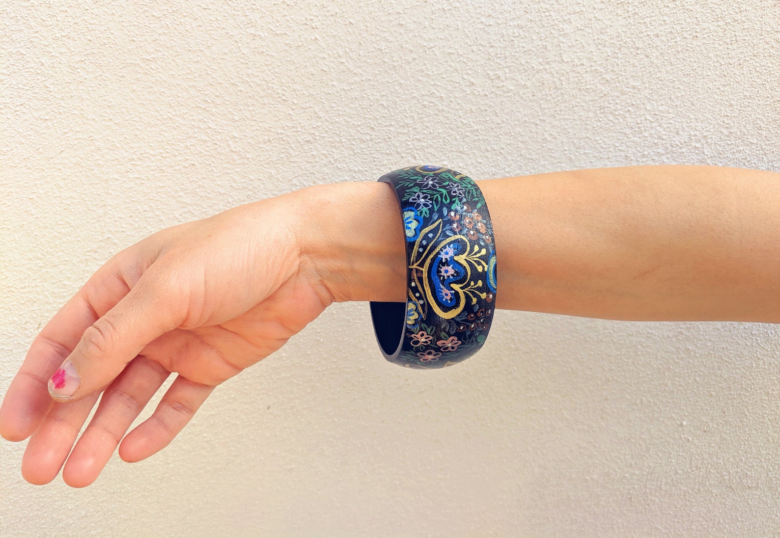 Blue Gold Pink Flower Handpainted Metallic Bangle - Etsy