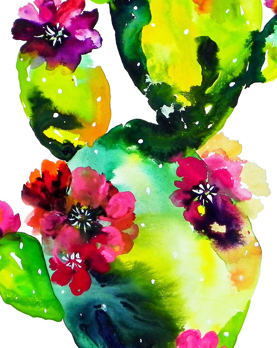 Prickly Pear Spectrum Cactus Pink Botanical Watercolor Art | Etsy