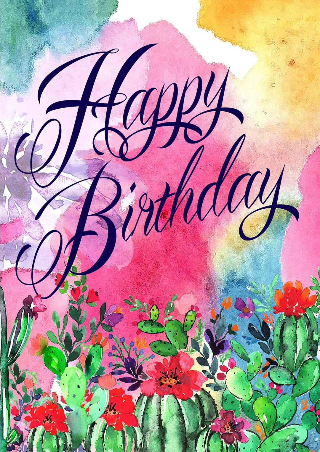 A7 Happy Birthday Cactus Blank Folding Card Cacti Saguaro Watercolor ...