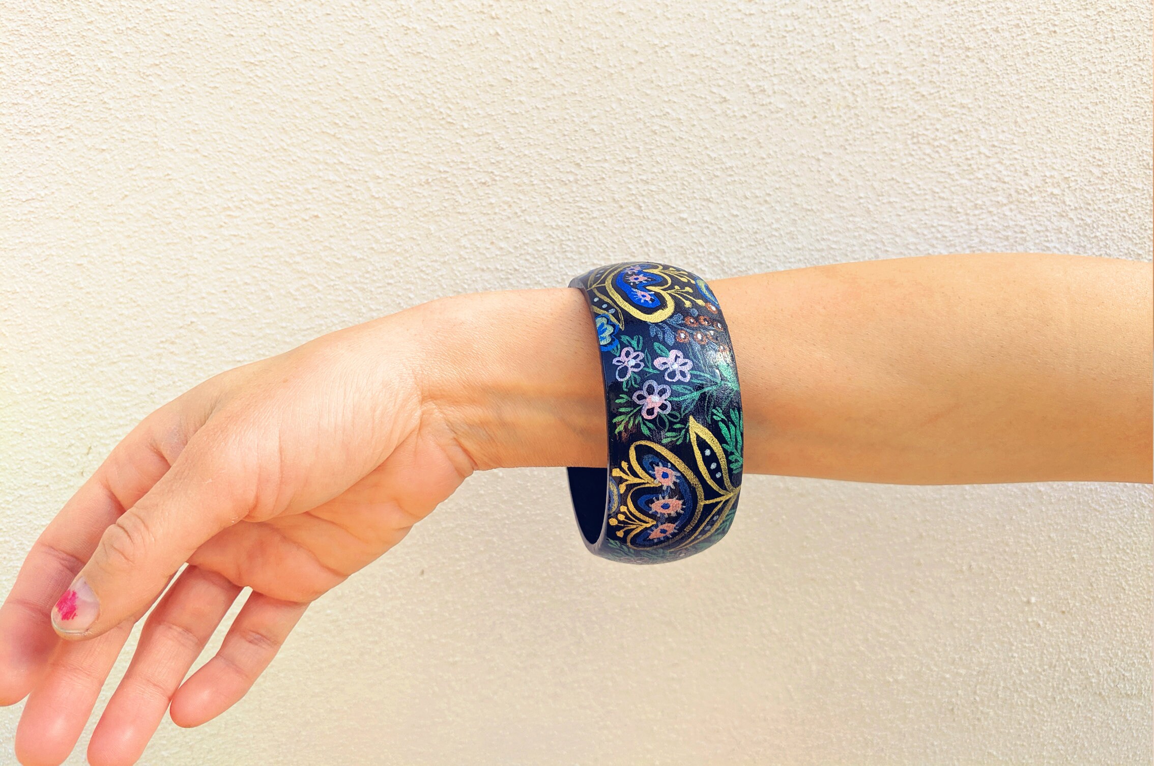 Blue Gold Pink Flower Handpainted Metallic Bangle - Etsy