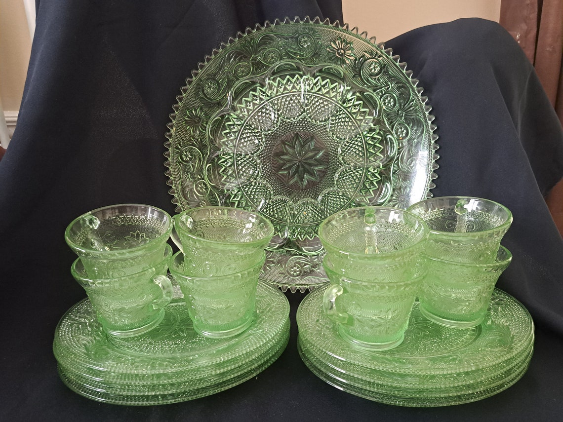Tiara Glass Snack Sets and Deviled Egg Plate Chantilly Green - Etsy