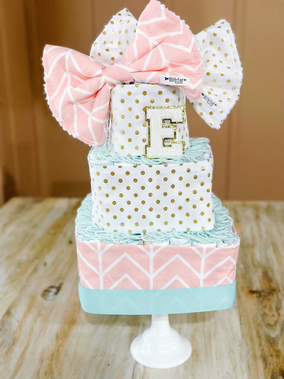 Pink, Gold and Mint Baby Girl 3-tier Square Diaper Cake or Shower ...