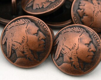 Indian Head Nickel, Metal Button 5/8 Antique Copper Buttons Qty 4 to 12 ...
