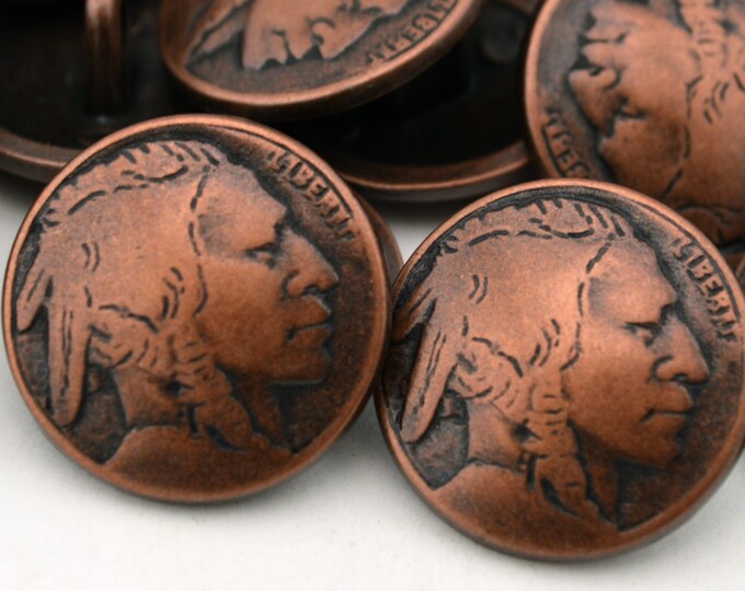 Indian Head Nickel, Metal Button 5/8 Antique Copper Buttons Qty 4 to 12 ...
