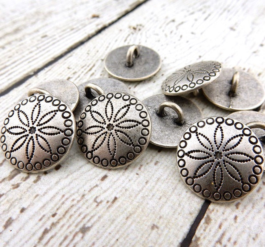 TRIBAL FLOWER Metal Buttons 5/8 Antique Silver, Concho Button, Qty 4 to ...