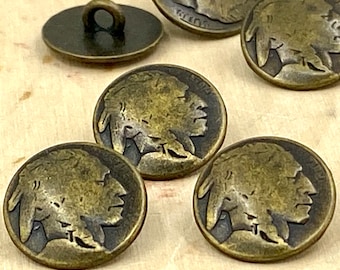 Indian Head Nickel, Metal Button 5/8 Antique Copper Buttons Qty 4 to 12 ...