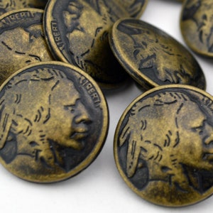 Indian Head Button 3/4" Antique Brass Metal Button Qty 4 to 12 Coin ...