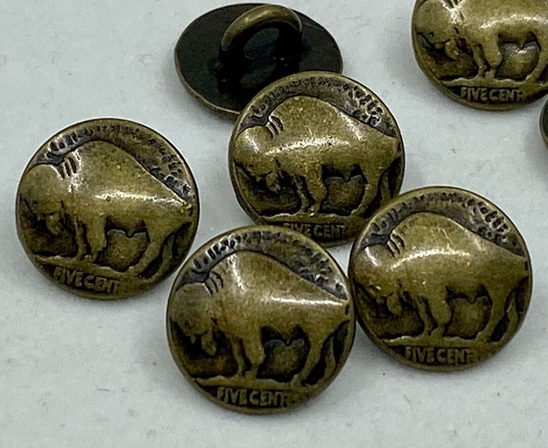 BUFFALO Nickel Metal Buttons 3/8 Antique Brass, Nickel Reproduction ...