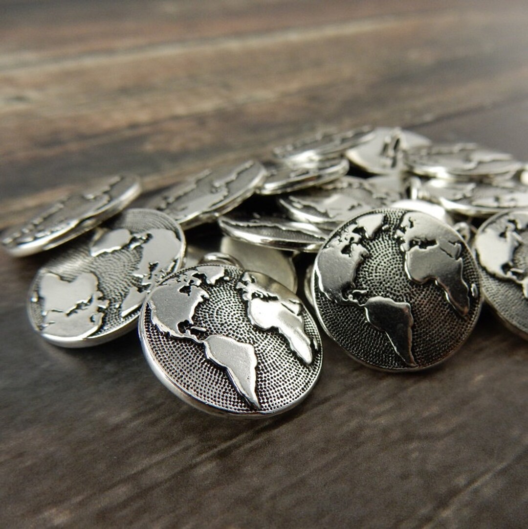 Antique Silver EARTH Buttons by Tierracast, Qty 4 Earth Day 16mm Round ...