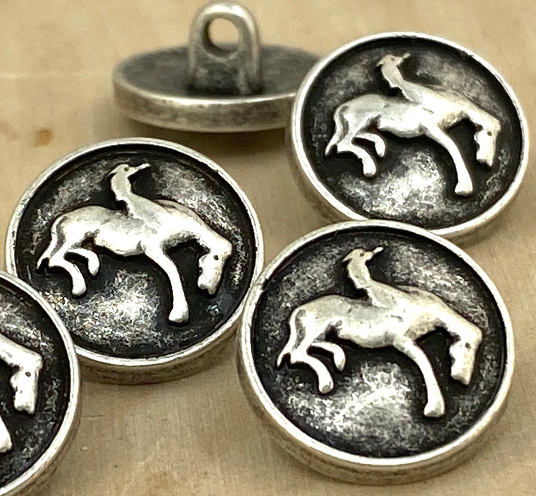 Bucking Bronco Button, 5/8" Antique Silver Metal Button Qty 4, Cowboy ...