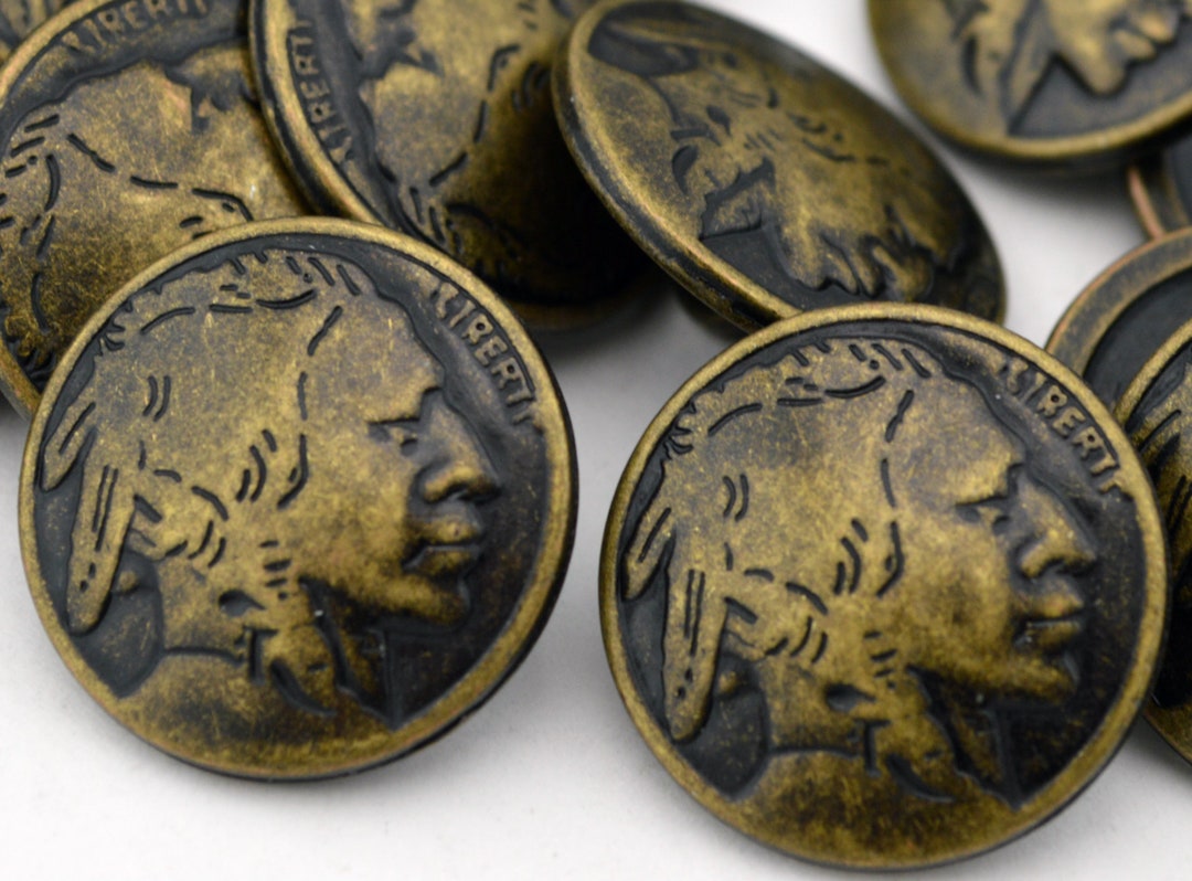 Indian Head Button 3/4" Antique Brass Metal Button Qty 4 to 12 Coin ...