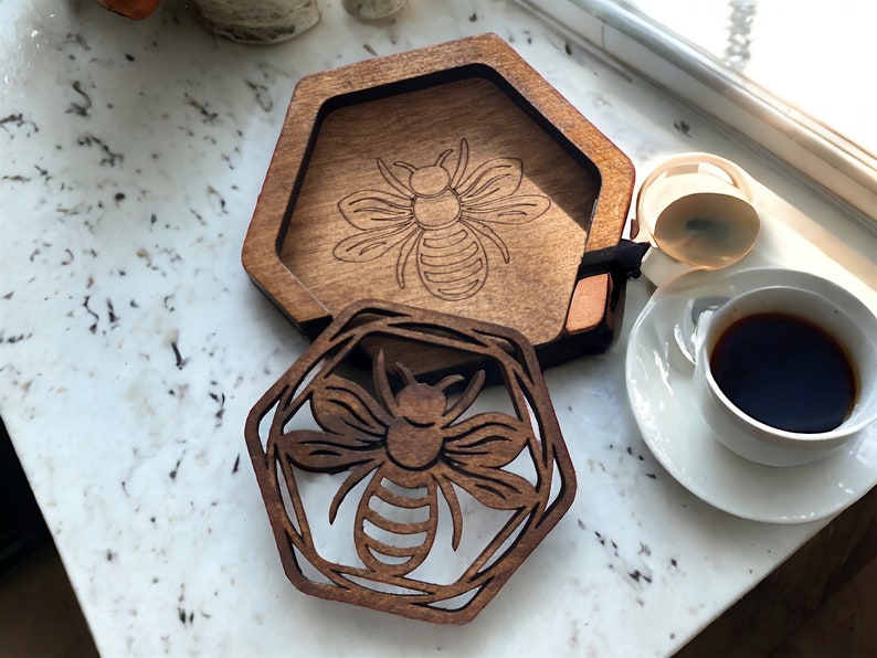 Wooden Bee Coasters, Set of 4, Beverage Holder, Drinkware, Bee, Laser ...