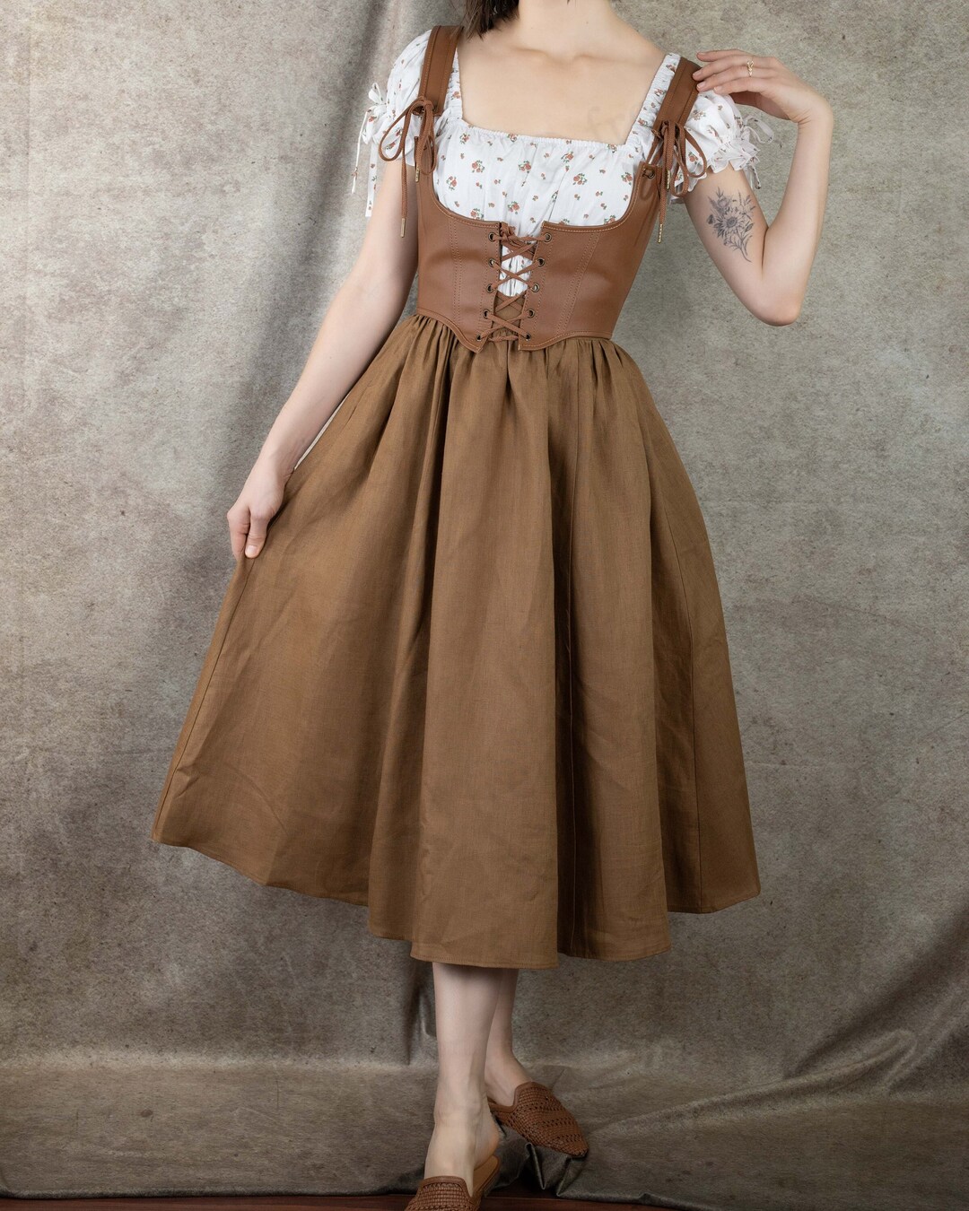 Ginger Brown Linen Midi Skirt | Tan Light Brown Renaissance Faire Skirt ...