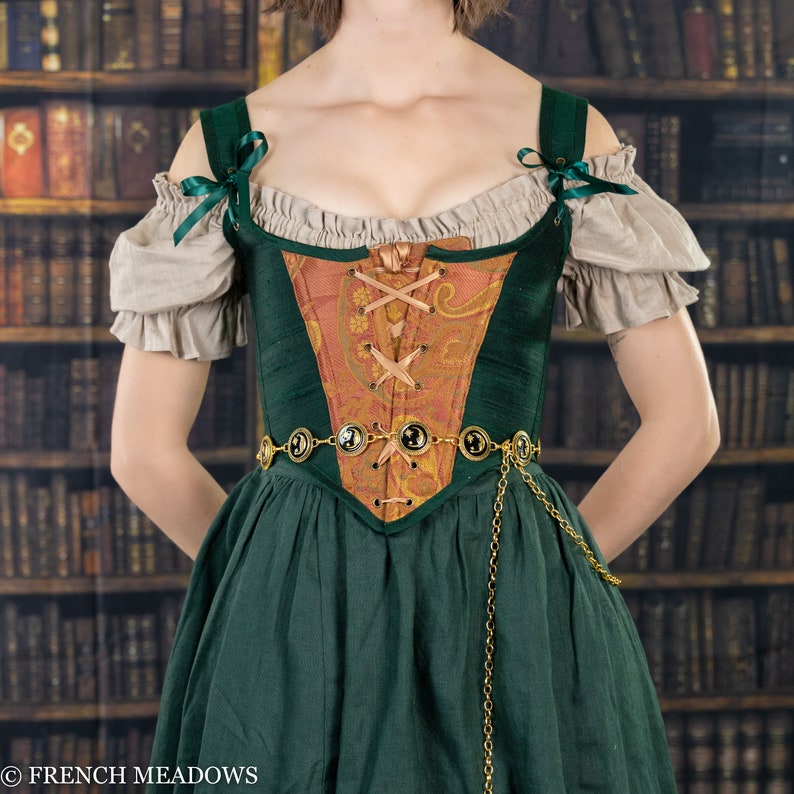 Handmade Renaissance Corset Bodice in Dark Green and Copper Paisley ...