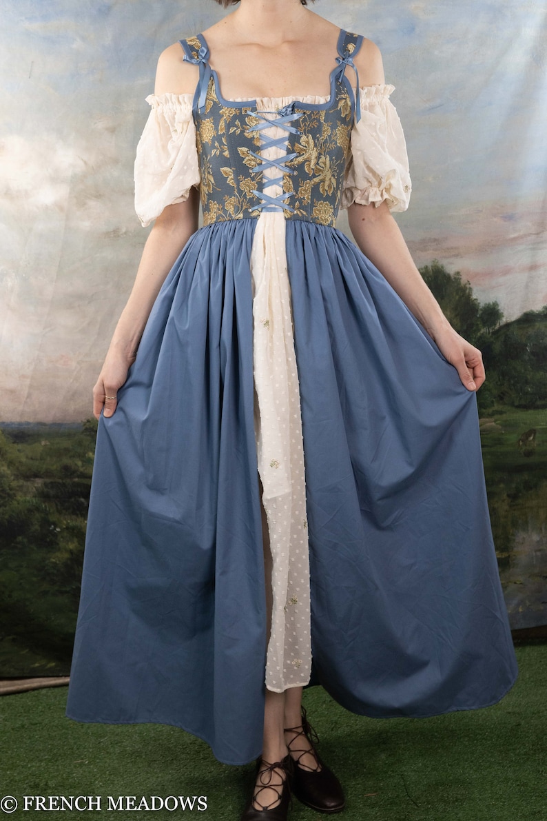 Renaissance Corset Dress Blue And Yellow Floral Jacquard Etsy
