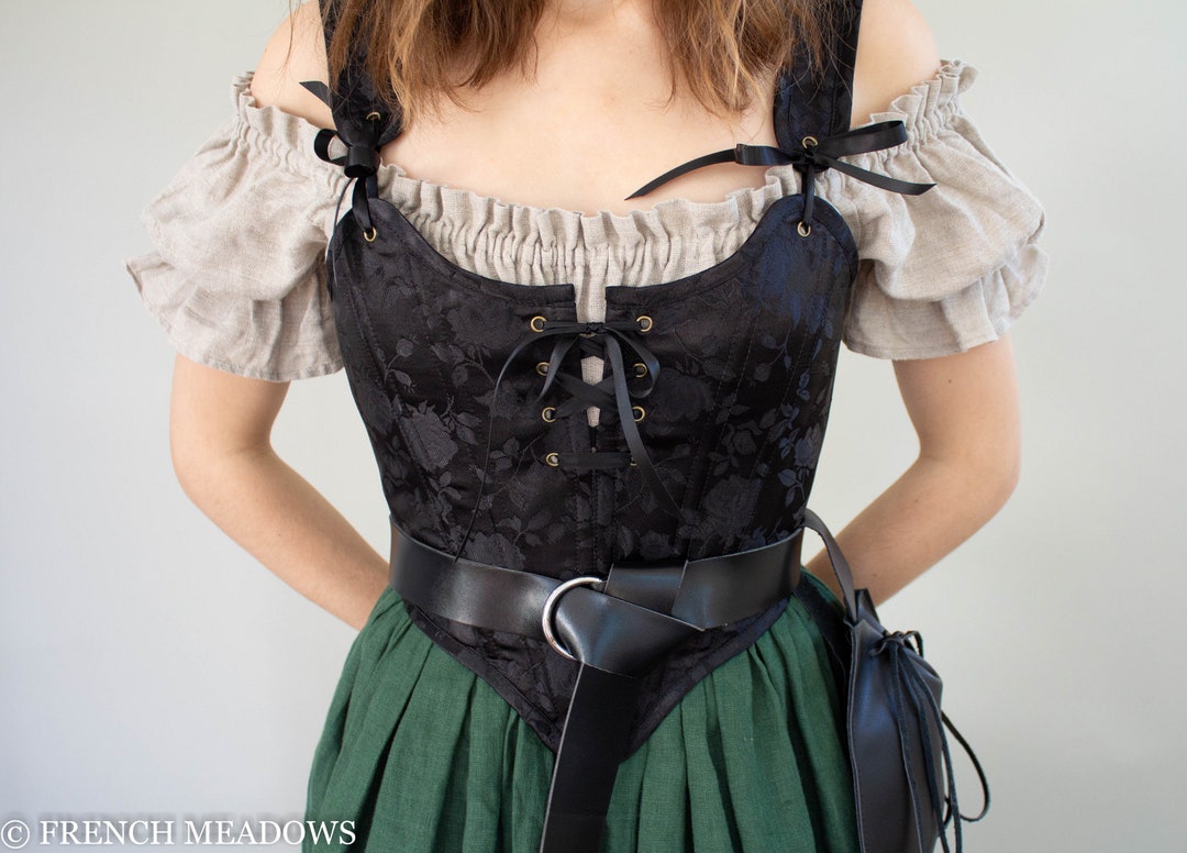 Handmade Renaissance Corset Bodice in Black Floral Satin | Stays Tudor ...