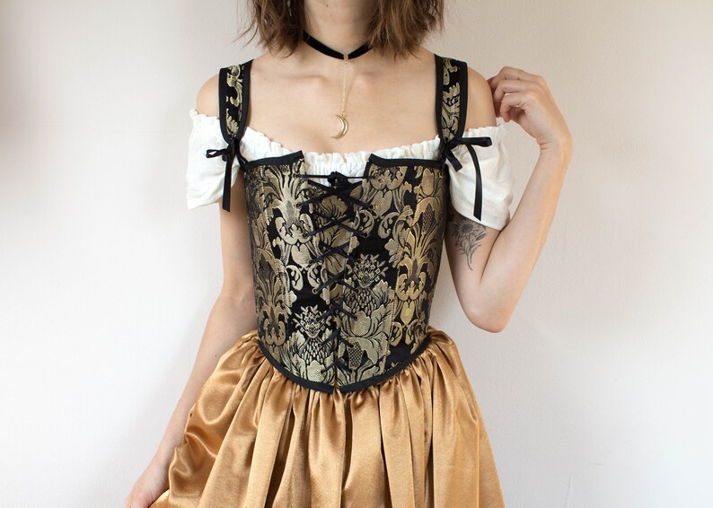 Renaissance Corset Peasant Bodice Floral Black And Gold Etsy
